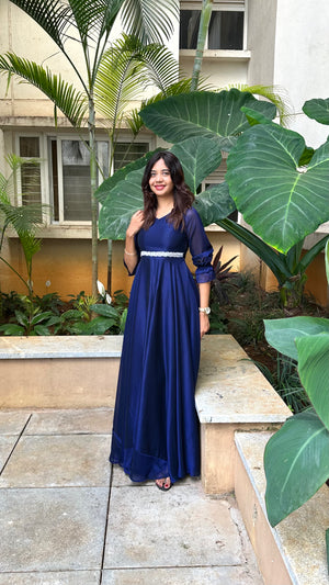 Jashna - Navy blue glassy georgette gown